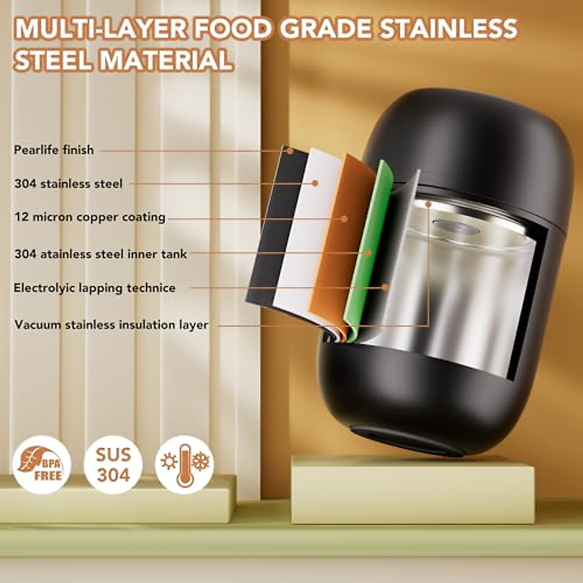 Winproper 16OZ Food Container for Hot Food, Airtight Insulated Food Jar for Adult & Kids, Stainless Steel Vacuum Lunch Container, Kids Lunch Cup with Spoon, School, Office, Picnic, Outdoor, Black