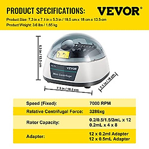 VEVOR Centrifuge Machine, 7000RPM Lab Centrifuge Machine Max. 3286xg RCF Scientific Mini Centrifuge with 2 in 1 Rotor for Lab Hospital College, fits 0.2/0.5/1.5/2mL Tubes, 0.2/0.5mL Adapters Included