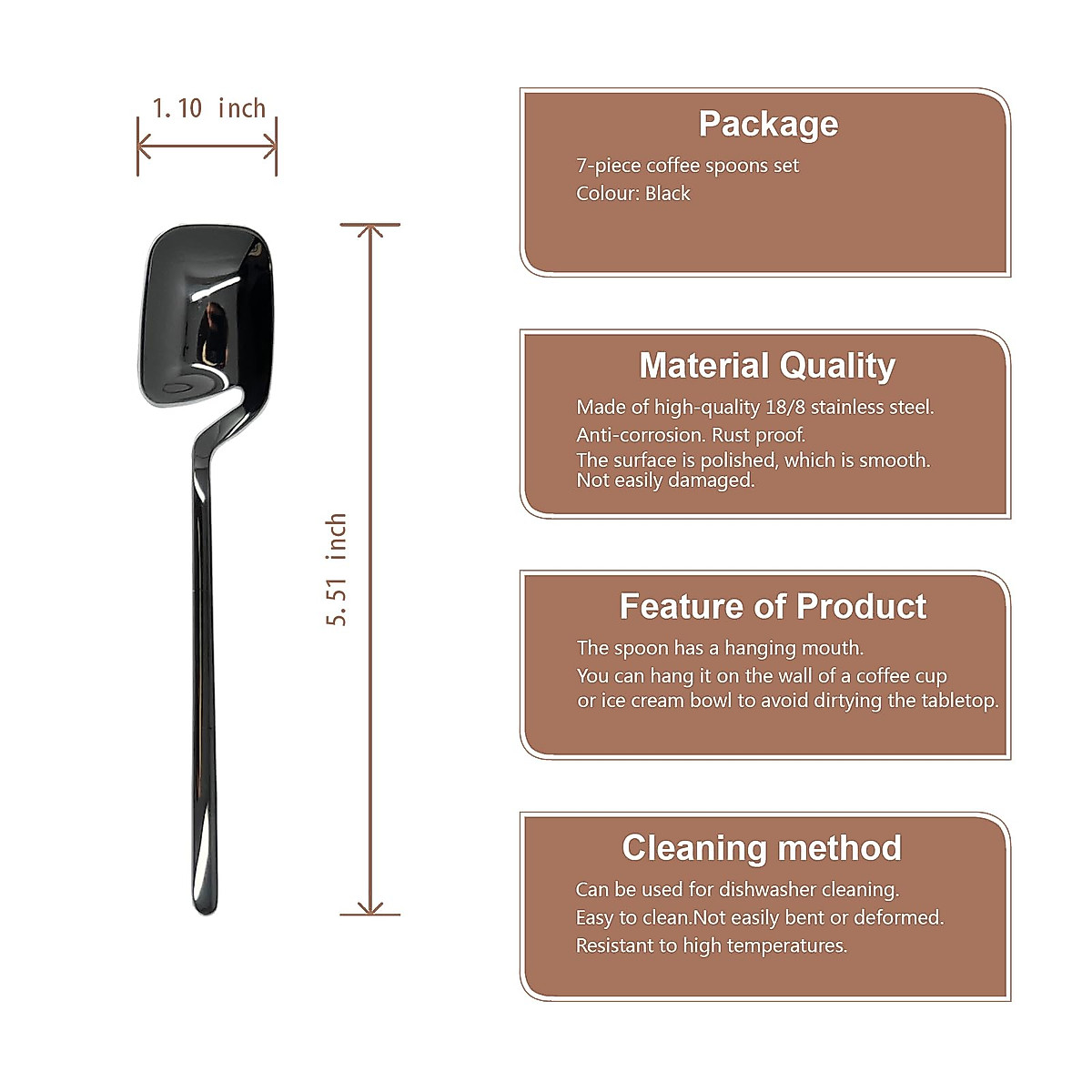 WORM.FAMILY 7-Piece Set of Stainless Steel 5.5-inch Coffee Spoons, Espresso Spoons，Mixing Spoons, Ice Cream Spoons, Cake Spoons, Dessert Spoons (with matching wiping cloth) (Black)