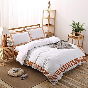 Minimalist Orange Duvet Cover Set Queen Size,Microfiber Soft Comforter Quilt Duvet,Patterned Bed Duvet+Cover with Flat Sheet,Pillowcases,Zipper Closure,White Traditional Greece European Greek Art