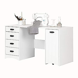 BOWERY HILL Multi-purpose Crafting Table with 4 Drawers and Large Sliding Hidden Storage Shelf, Modern Sewing Table with Scratch Proof Table Top, White