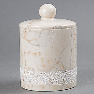 Creative Home Natural Champagne Marble Hand Carved Collection Cotton Ball Swab Holder, Storage Jar Container Organizer Bathroom Countertop Organizer, Beige