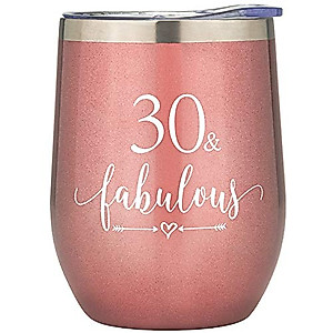 Crisky Rose Gold 30 & Fabulous Wine Tumbler for Women 30th Birthday Gifts for Women, Wife, Mom, Sister, Aunt, Friends, Coworker Her, Vacuum Insulated Coffee Cup,12oz with Box, Lid, Straw