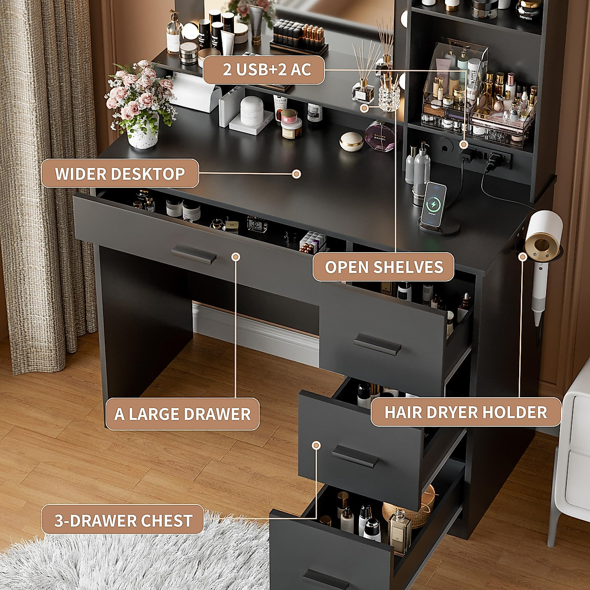 Furmax Vanity Desk with LED Lighted Mirror&Power Outlet, 39.3’’ Makeup Vanity Table with 4 Drawers and 3 Storage Shelves, Adjustable 3 Lighting Colorfor Bedroom&Dressing Room (Black)