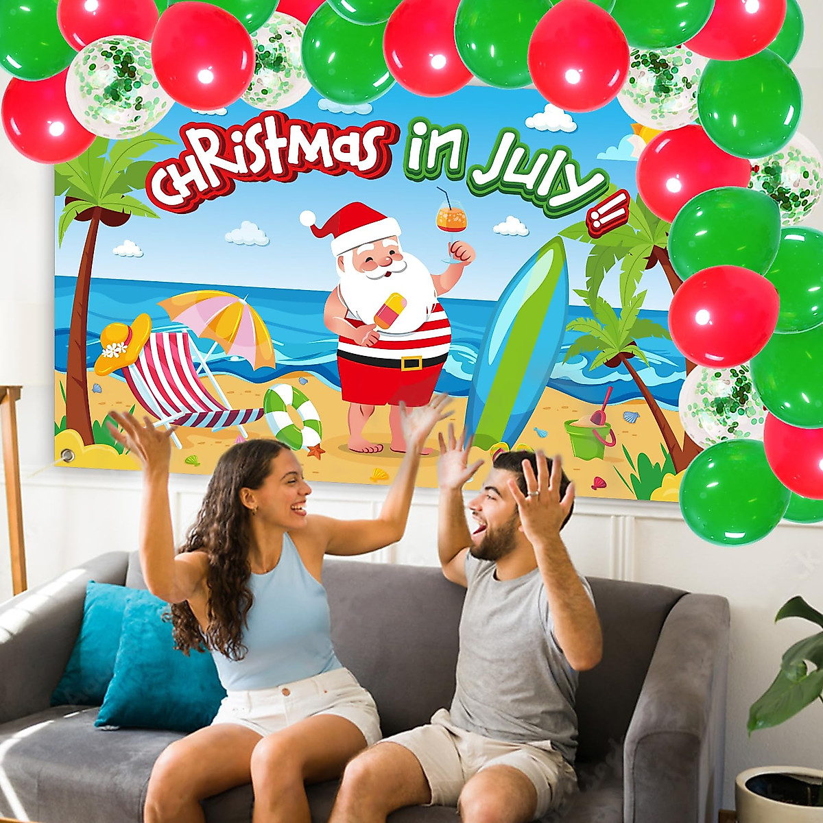 Christmas in July Party Decorations Large Photo Backdrop 38pcs latex balloons Mele Kalikimaka Christmas Summer Santa Banner for Outdoors Garden Party Supplies