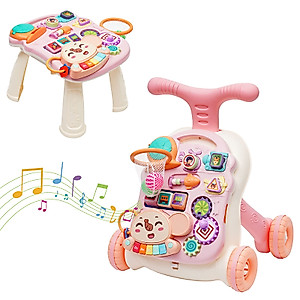 Sit-to-Stand Learning Walker Kids Activity Center Baby Walker Entertainment Table Steering Wheel Educational Push Toy for Babies Toddlers