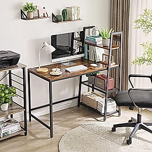 Aibiju Computer Desk with Shelf, 44 inch Home Office Writing Desk with Bookshelf, Industrial Desk with Metal Frame, Kitchen Storage Shelf Table, Office Workstation, Retro Brown YD-TMJ101H