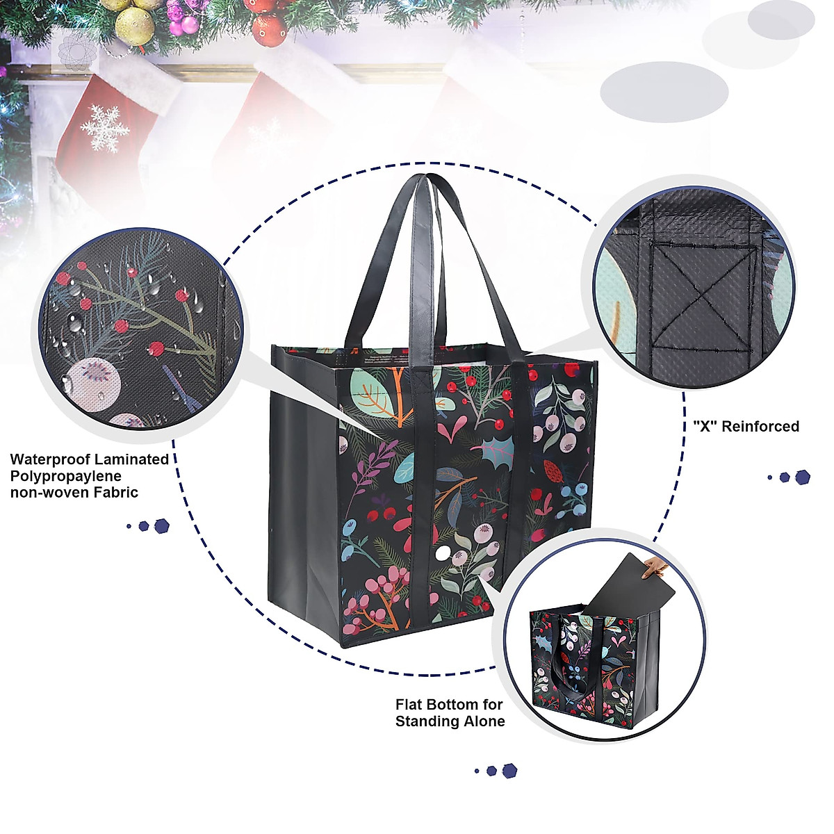 BeeGreen Christmas Reusable Bags 12 Pack with Reinforced Handles and Removable Bottom Foldable Extra Large Tote Bag Bulk for Kitchen Groceries Shopping Bags Reusable Produce Bags