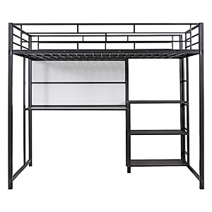 Full Size Loft Bed with Desk and Storage Shelves, Metal Loft Bed Full Size with Whiteboard and 3-Tier Shelves, Full Size Loft Bed for Kids, Teens (Black Full)