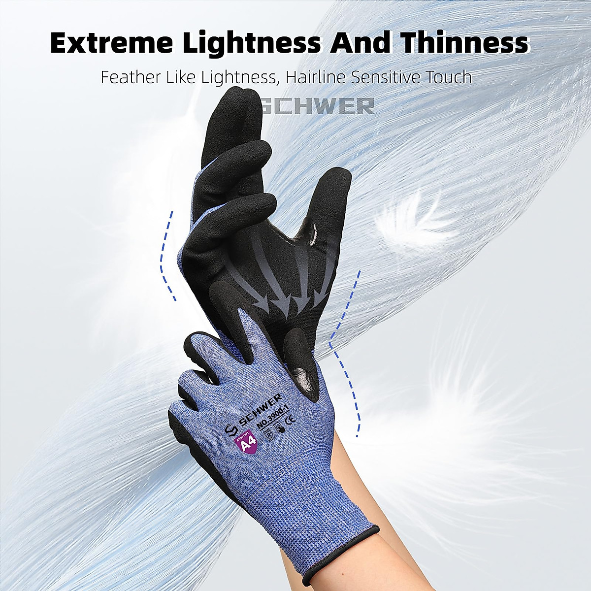 Schwer AIR-SKIN Cut Resistant Gloves AR3900 with Extreme Lightweight & Thin, ANSI A4 Wire Metal Gloves for Refined Work, Touch-screen, Fiberglass-free, 3D-Comfort Fit, Breathable, PFAS Free, 1 Pair,S