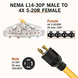 MAYITOP 4 Prong Adapter Generator Power Cord, Nema L14-30P Male to 4X 5-20R T-Blade Household Outlet Female, 30 Amp to 110 Adapter Generator Power Cord 125/250V, 30Amp 7500W