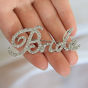 Mariell Rhinestone Crystal Bride Word Brooch Pin in Script Lettering, Bachelorette & Bridal Shower Gift