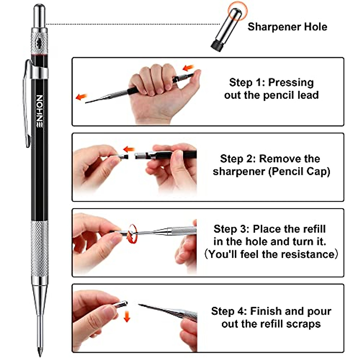 Enhon 2 MM Carpenter Pencils Set with 12 Marker Refills and Sharpener, Mechanical Carpenter Pencil Woodworking Marking Tool Solid Deep Hole Construction Pencil, Extended Needle-Nose Tip (Black)