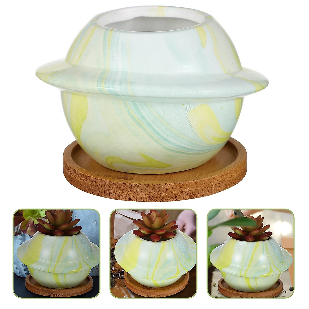 African Violet Pots Ceramic Succulent Planters with Drainage 1 Set Round Ceramic Bonsai Pot Shallow Flower Pot with Wood Tray Floral Planter Bowl for Home Office Garden Green Home Decor