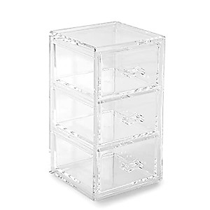 Huang Acrylic Clear Stackable Upright 3-Drawer Organizer, Makeup Jewelry Accessories Cosmetic Countertop Storage Display 3.5 x 3.25 x 5.75 inches