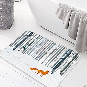 JAWO Winter Christmas Bath Mat Snow Covered Pine Trees Winter Season Animal Red Fox and Cardinals Idyllic Seasonal Scenery Bathroom Decor Bath Rug Non Slip Soft Rugs 29 x 17 Inches