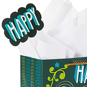 Hallmark 9" Medium Birthday Gift Bag with Tissue Paper and Mini Signs (Happy Happy Birthday, Green, Grey, Blue Hand lettering)