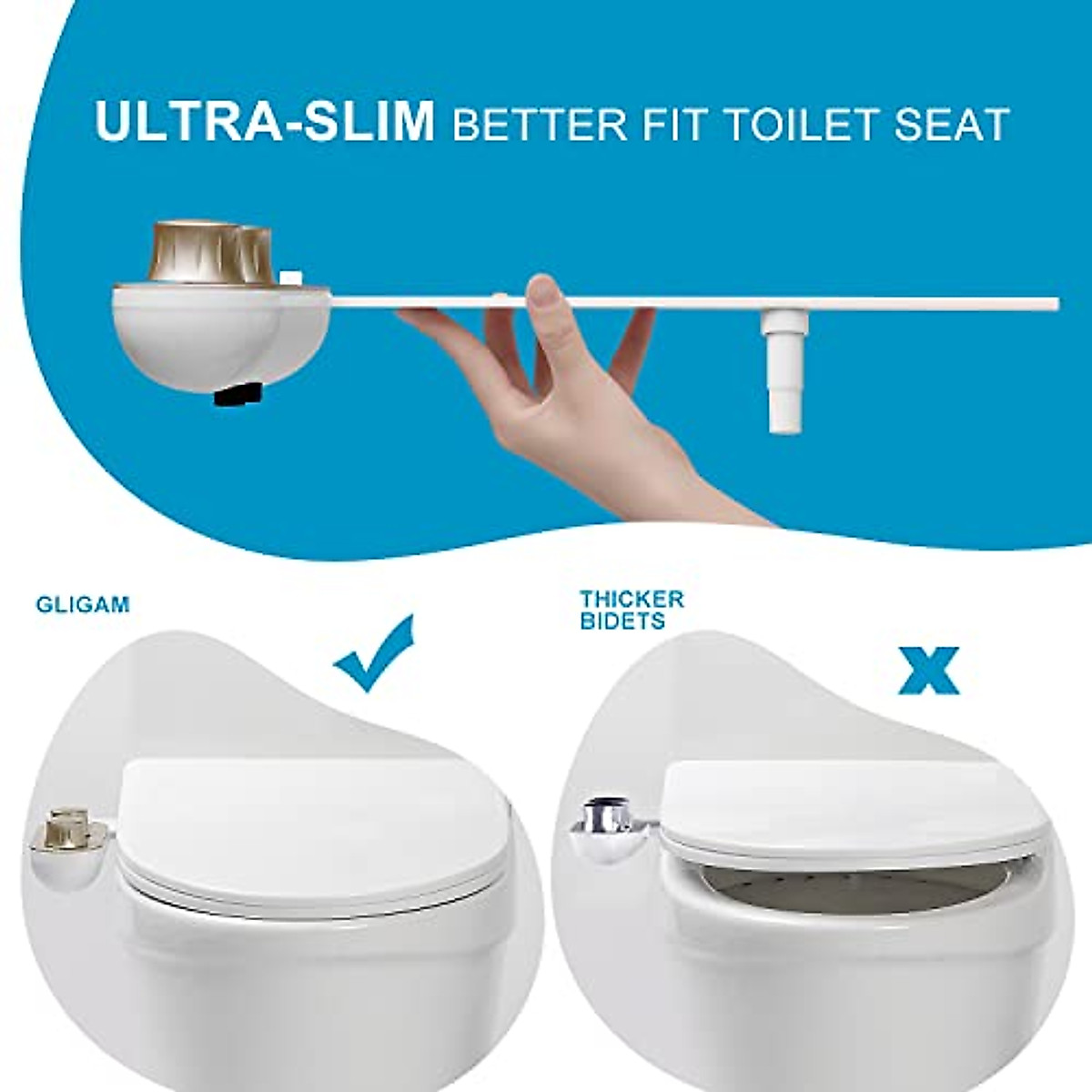 GLIGAM Bidet Attachment for Toilet Warm Water, Ultra-Slim Bidet Hot and Cold,Non-Electric Bidet Attachment for Frontal/Rear Wash, with Retractable Nozzle, Pressure & Angle Controls,Easy to install