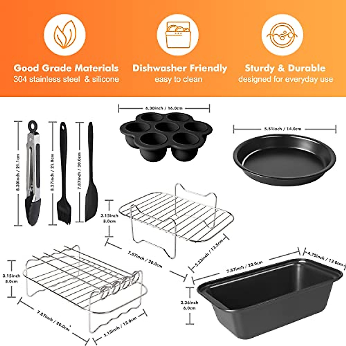 Dual Basket Air Fryer Accessories, Set of 10 Fit for Ninja Dual Air Fryer DZ201, DZ401 & Most 8 Quart - 10 Quart and Larger Dual Zone Air Fryer, Include Cake Pizza Pan, Rack & Skewer, Paper Liner, etc
