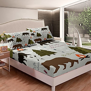 Happy Camping Fitted Sheet Twin Size Hunt Bear Pine Trees Bedding Set for Kids Boys Men Adults Cabin Room Decor Campfire Arrow Cartoon Bed Sheet Wild Outdoor Adventure Deep Pocket Sheet 2pcs