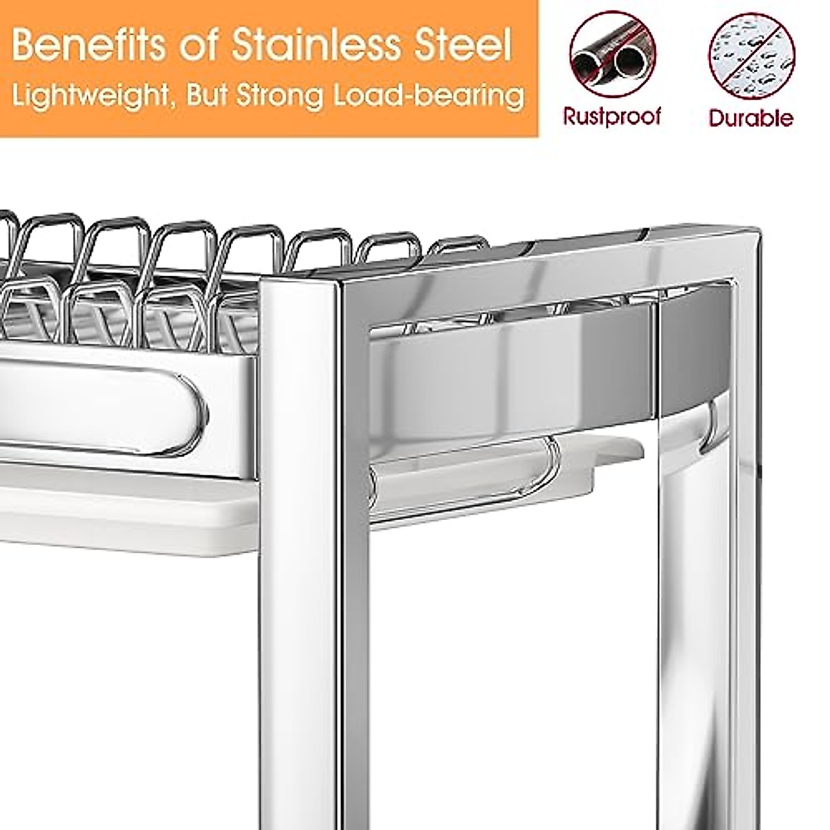 Dish Drying Rack, Stainless Steel Dish Rack, Rustproof Dish Drainers for Kitchen Counter, Multifunctional 2 Tier Dish Drainers Organizer with Drainboard & Utensil Holder