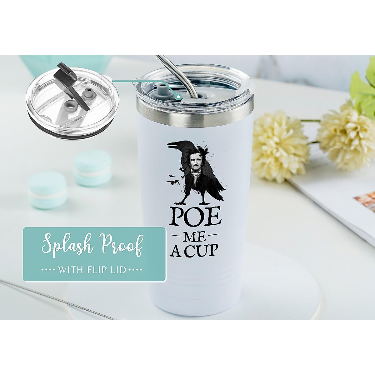 Onebttl Edgar Allan Poe Gifts for Men, Women for Christmas, Birthday, 20 oz Stainless Steel Insulated Tumbler Travel Coffee Mug - POE ME A CUP (White)