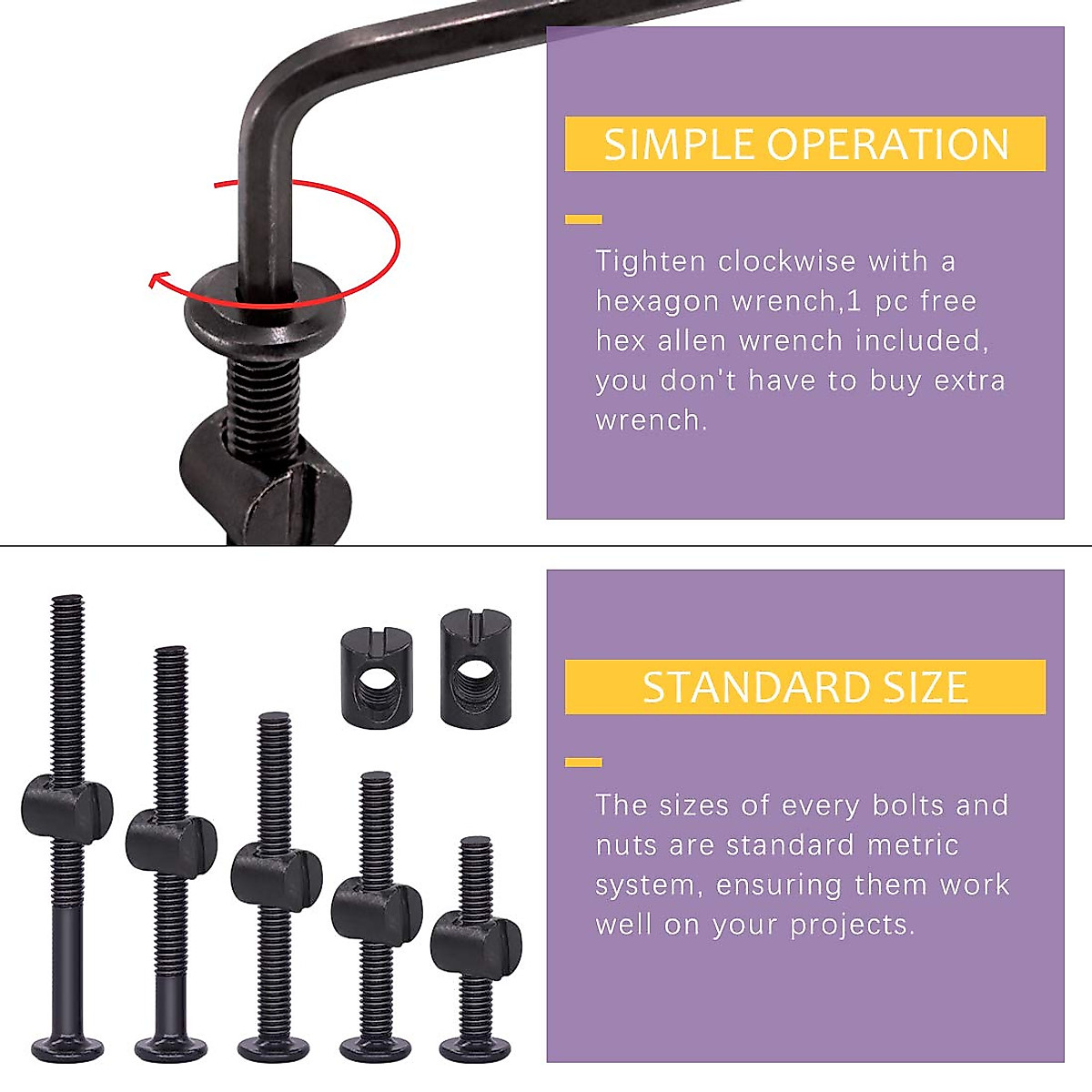 Swpeet 120Pcs Crib Hardware Screws, Black M6 × 40/50/60/70/80mm Hex Socket Head Cap Crib Baby Bed Bolt and Barrel Nuts with 1 x Allen Wrench Perfect for Furniture, Cots, Crib Screws 15/20/25/30/35