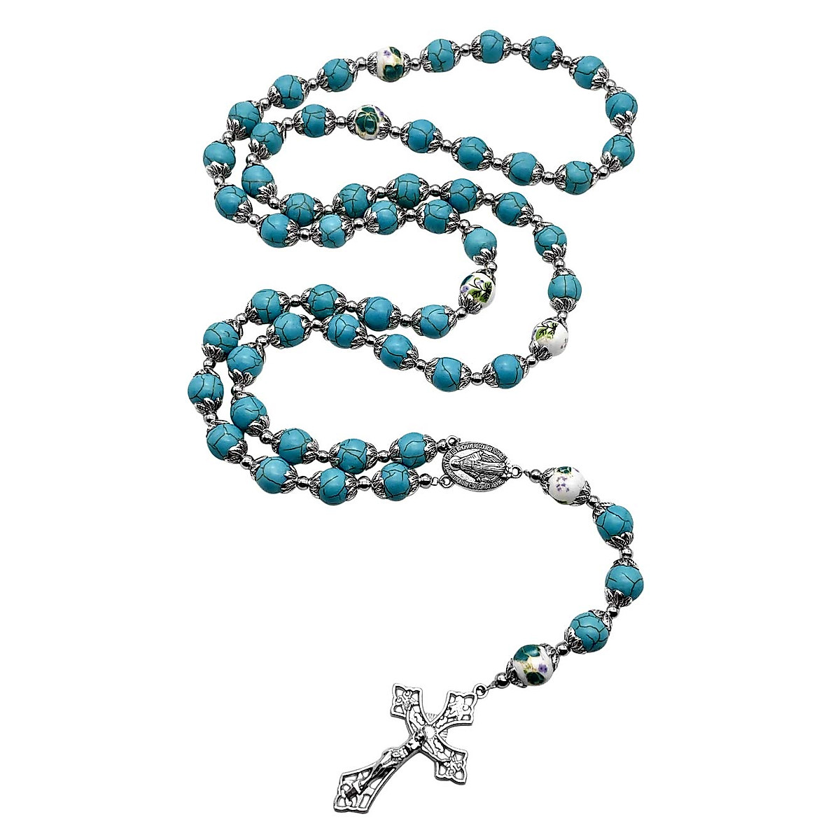Nazareth Store Catholic Turquoise Marble Beads Rosary Flowers Beaded Necklace Miraculous Medal Cross Crucifix Silver Tone Rosaries in Velvet Bag