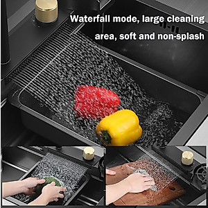 Kitchen Sink Single Bowl Sink Flying Rain Waterfall Sink Household Sink, Workstation Kitchen Sink Domestic Sink Set,Integrated Sink with Pull-Out Tap, Chopping Board,Cup Washer (80×45×21cm)