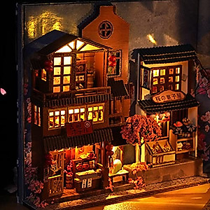 DIY Book Nook Kit, 3D Wooden Puzzle Booknook, Decorative Bookend, Bookshelf Insert Decor Alley with Furniture and LED Light for Birthday Home Desk Décor (Cherry Blossom Alley)