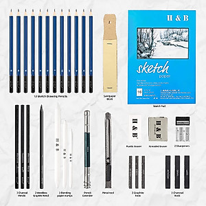 H & B Drawing Pencils Set, 33 Pieces Sketch Pencils & Drawing Kit, Complete Artist Kit Includes Sketch Pad, Graphite Pencils, Charcoal Sticks and Eraser, Art Supplies for Artists Beginner Adults Teens