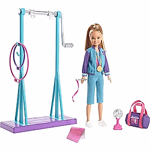 Barbie Team Stacie Doll and Gymnastics Playset with Spinning Bar and 7 Themed Accessories for 3 to 7 Year Olds
