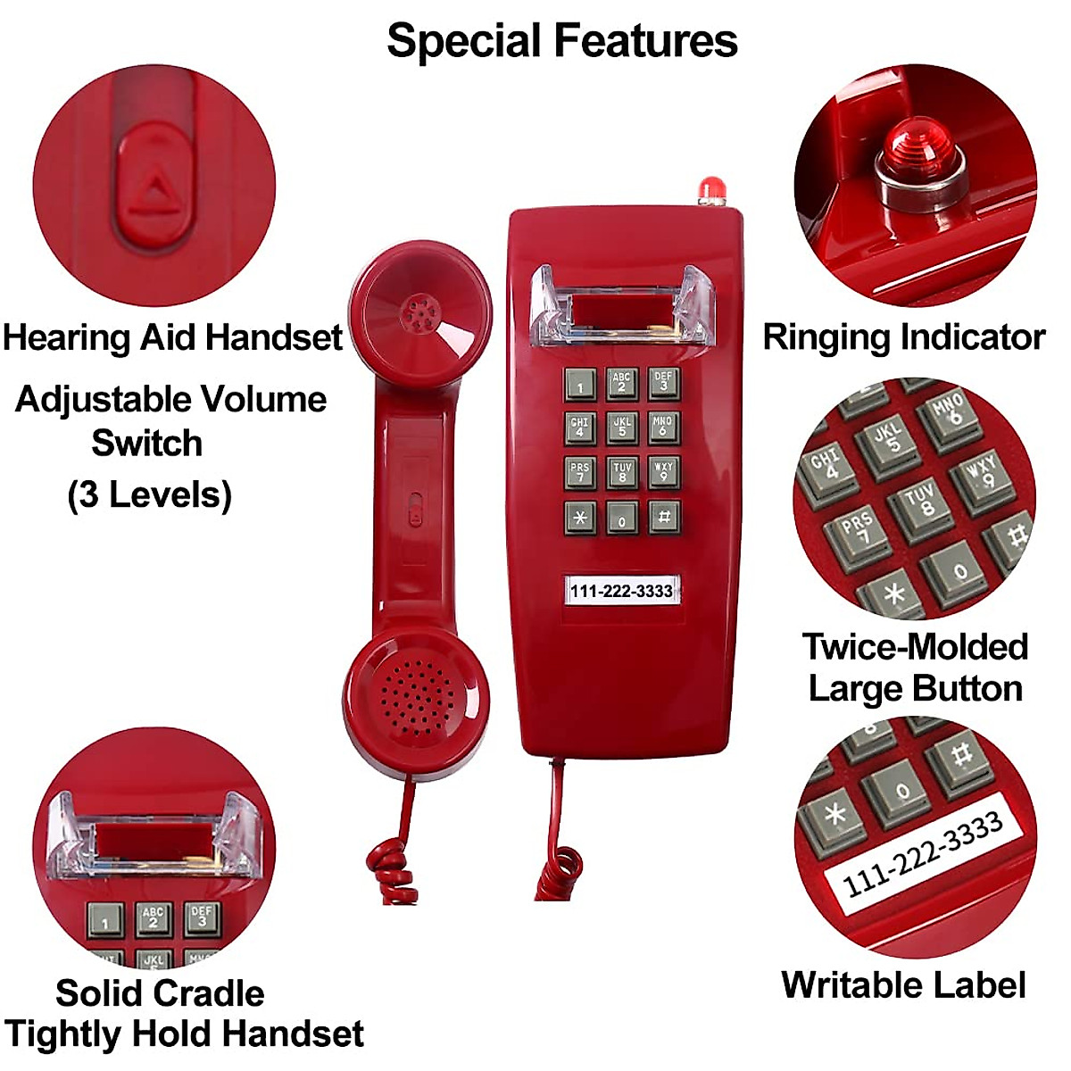 Traditional Wall Phones for Landline with Mechanical Ringing, Retro Wall Mounted Phone Waterproof, Classic 2554 Wall Telephone with Voicemail Indicator, Old Wall Mount Phone for Kitchen,Home,Red