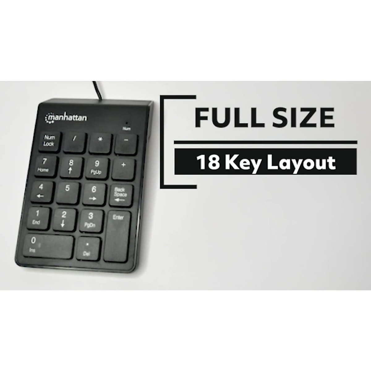 MANHATTAN Wired USB Numeric Keypad – 18 Full Size Keys & Ultra Slim Lightweight Ergonomic Number Pad Design - for Laptop, Desktop, Computer, PC – 3 Yr Mfg Warranty - Black, 179911