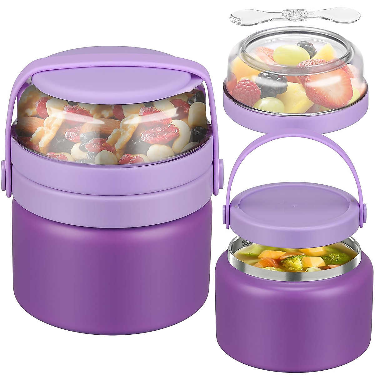 MAISON HUIS 2-in-1 Insulated Food Jar 8oz Soup Thermo with Tritan Snack Container Kids Thermo for Hot Food Lunch Containers Wide Mouth Vacuum Stainless Steel Leak Proof for School Travel