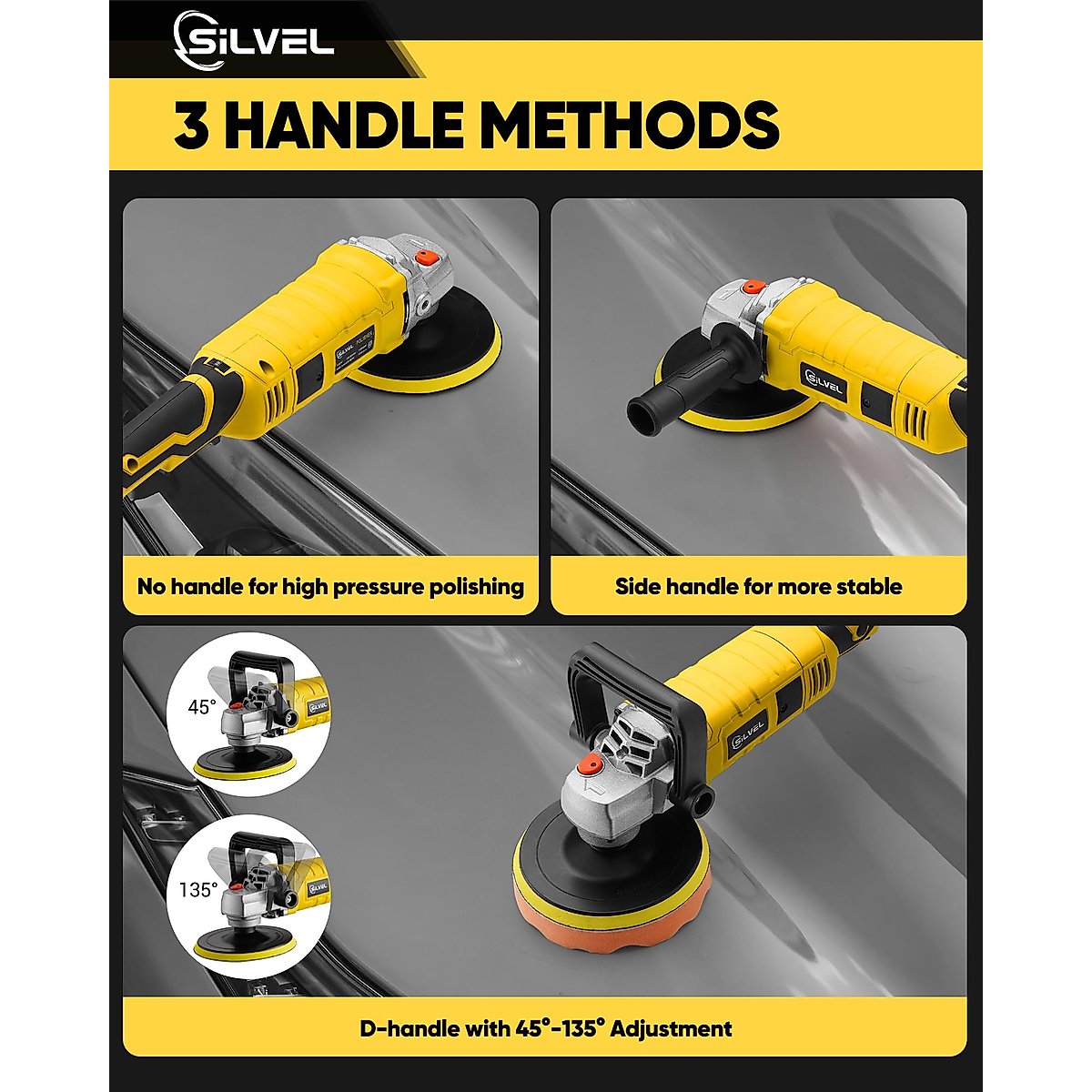 SILVEL Buffer Polisher, 1600W 7 Inch/6 Inch Polisher for Car Detailing, Wax Machine, 7 Variable Speed, with 6 Foam Pads, 3 Wool Pads, Packaging Bag, for Boat Polishing and Waxing