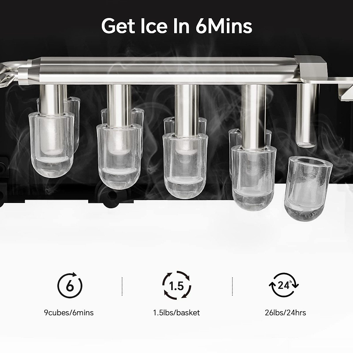 Crzoe Ice Makers Countertop, Ice Machine with Handle, 26Lbs in 24Hrs, 9 Cubes Ready in 6 Mins, Self-Cleaning Portable Ice Maker, 2 Sizes of Bullet Ice Cubes for Home and Office