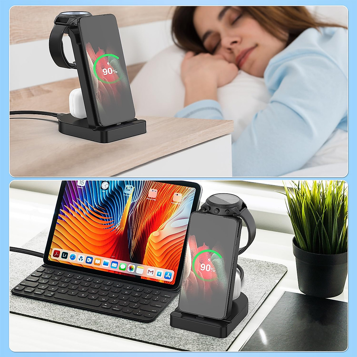 Charging Station for Multiple Devices, 3-in-1 Charger Station＆25W Adapter Block for iPhone 15 Pro/15 Pro Max, Samsung S23/S22/S21/Z Fold 4, Galaxy Buds, Wireless Charger for Galaxy Watch 6/5/5 Pro/4/3