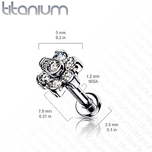 Dynamique Implant Grade Titanium Threadless Push In Labret, Flat Back Studs With CZ Set Flower Top For Cartilage, Monroe And Nose (Sold Per Piece)