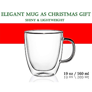 BothEarn Glass Coffee Mug Set of 2 - Double Wall Clear Espresso Cup with Large Handle, Great for Latte, Cappuccino and Juice, 19 Ounce (560 ml), BE026