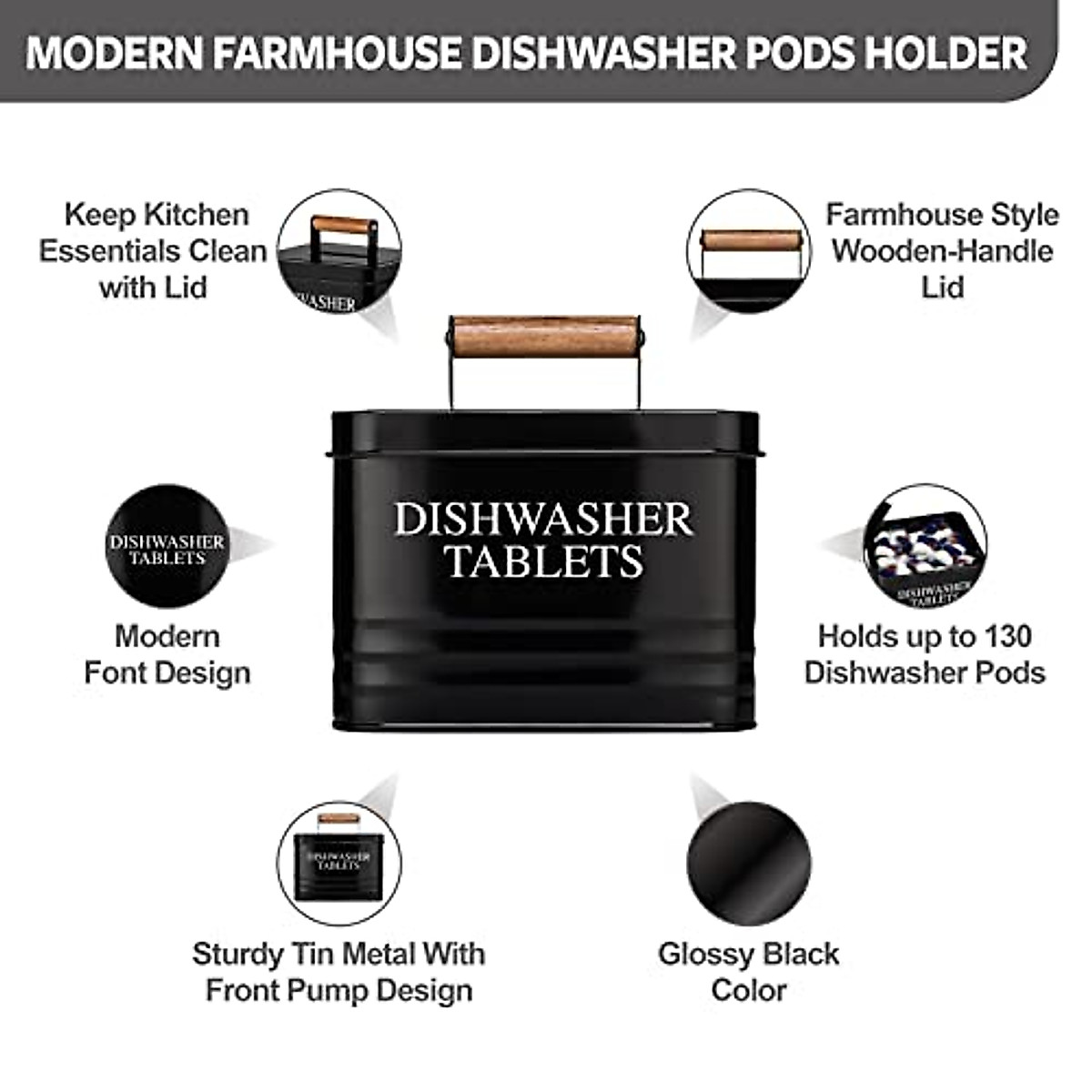 Calindiana Modern Farmhouse Metal Dishwasher Pods Container Holder with Lid for Kitchen Organization and Storage, Kitchen Essentials Decor Accessories, Black