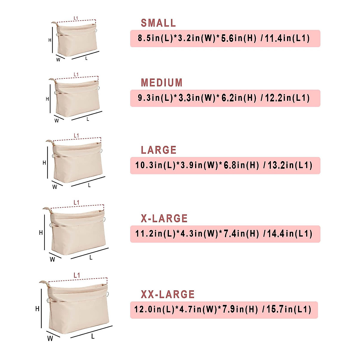 Vercord Premium Nylon Purse Organizer Tote Handbag Insert Organizers Bag in Bag Zipper 13 Pockets Beige Medium