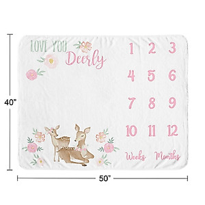 Sweet Jojo Designs Woodland Deer Girl Milestone Blanket Monthly Newborn First Year Growth Mat Baby Shower Memory Keepsake Gift Picture - Blush Pink Mint Green Boho Watercolor Forest Love You Deerly