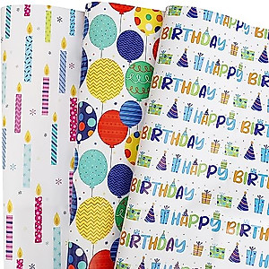 BULKYTREE Birthday Wrapping Paper for Boys Girls Kids Men Women Holiday Birthday Party - 3 Large Sheets Colorful Balloon 'Happy Birthday' Birthday Candles Gift Wrap - 27 Inch X 39.4 Inch Per Sheet