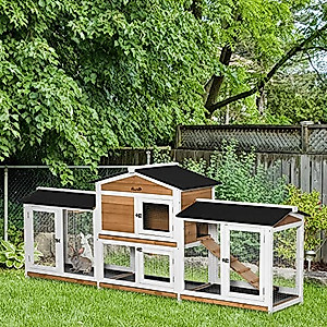 PawHut 90.5" Wooden Rabbit Hutch Bunny Cage Pet Playpen House Enclosure with Double Side Run Boxes, No Leak Tray, Ramp, for Guinea Pig and Small Animals, White