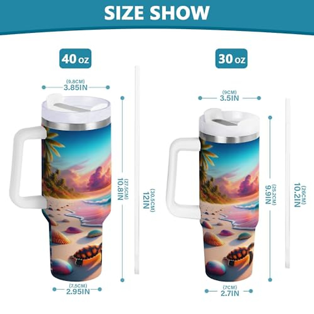 Jihqo Sandy Beach Colorful Sunset 40 oz Stainless Steel Vacuum Insulated Tumbler with Handle and Straw Lid, Leakproof Water Bottle Double Wall Travel Mug Coffee Cup, Cupholder Friendly
