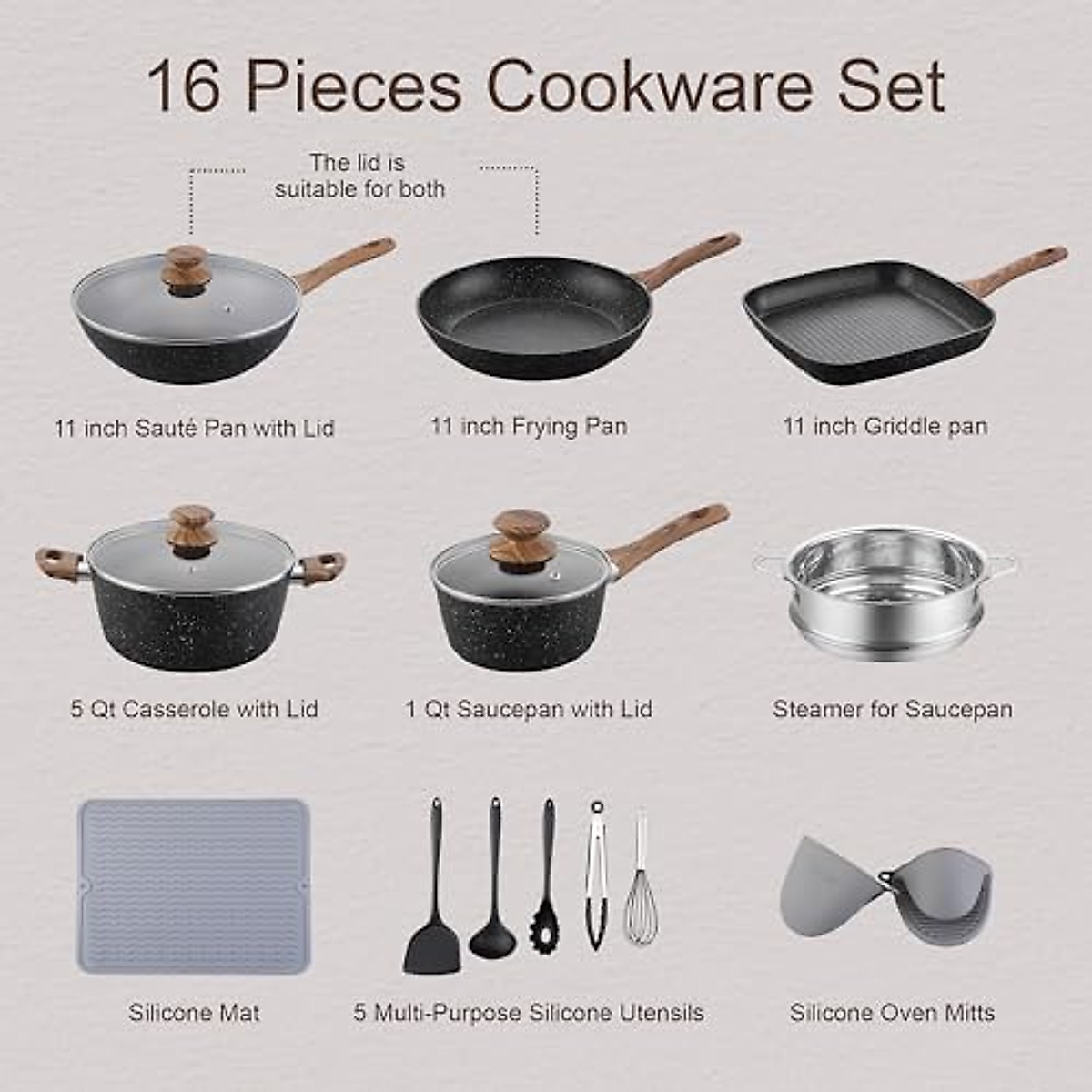 Leetaltree Nonstick Cookware Sets - 16 Pieces Pots and Pans with Utensils and Steamer, Nonstick Cast Aluminum Kitchen Cookware with Bakelite Handles, Non Toxic, PFOS/PFOA Free (Black)