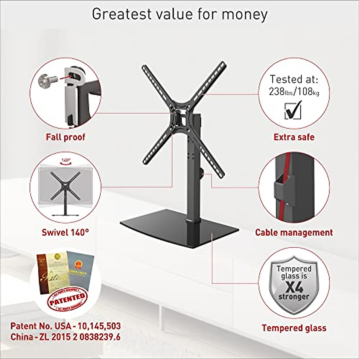 Barkan Tabletop TV Mount, 29-58 inch Swivel & Tilt Flat/Curved TV Stand Base, Holds Up to 55 lbs, Patented, Tempered Glass, 3 Year Warranty, Fits LED OLED LCD, Black (S320.B)