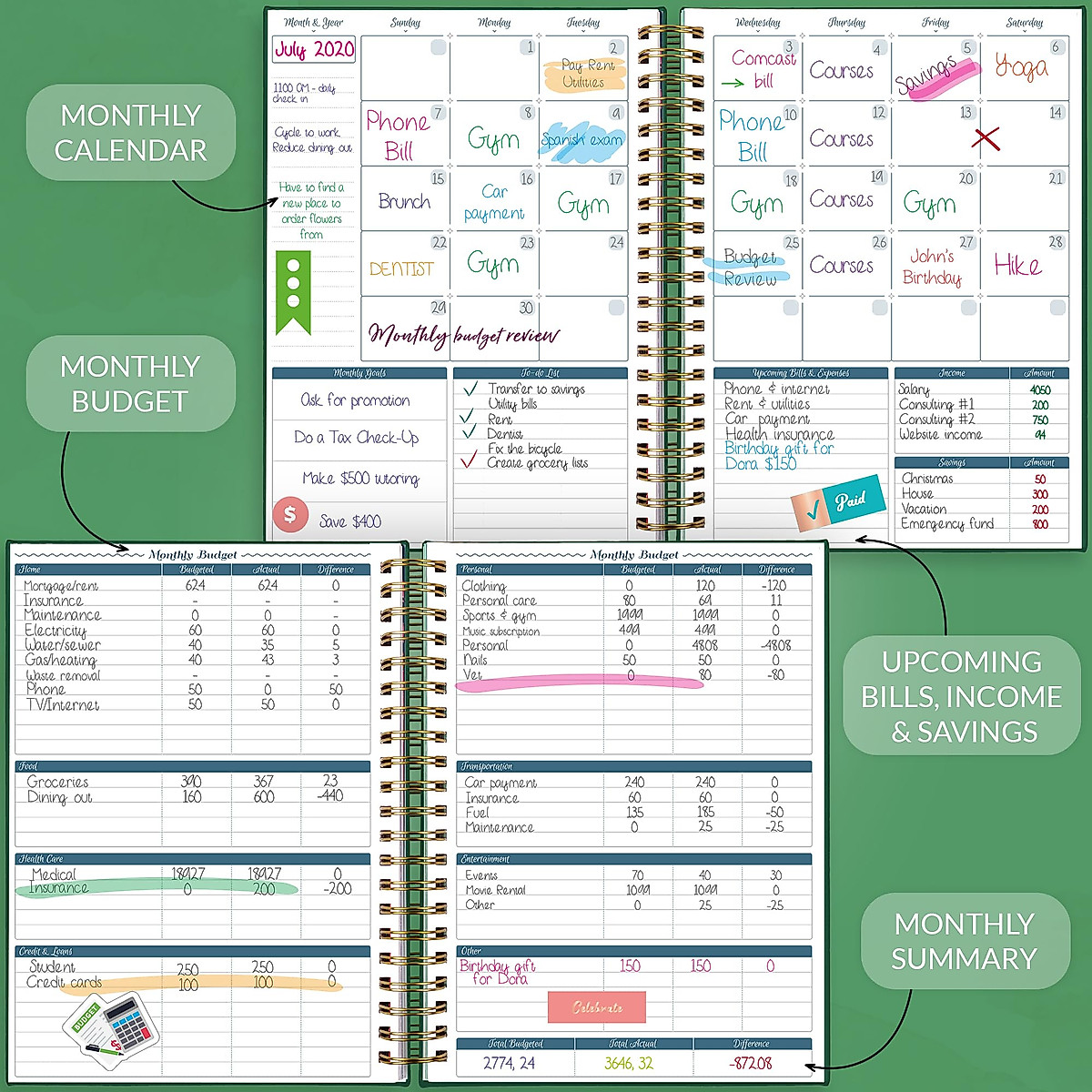 GoGirl Budget Planner & Monthly Bill Organizer – Monthly Financial Book with Pockets. Expense Tracker Notebook Journal, Large (Dark Green)