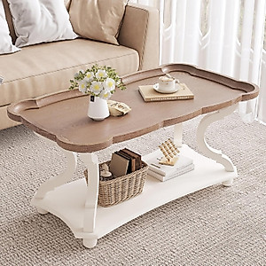Function Home Farmhouse Coffee Table, Modern Cocktail Table with Storage Shelf, Sofa Table with Natural Tray Top and Carved Legs for Living Room, Bedroom, Dining Room in Vintage White